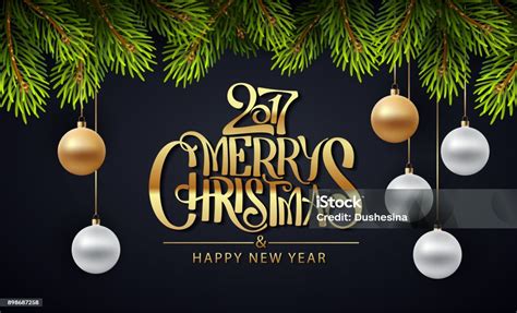 크리스마스 배경 평면 디자인에 대 한 포스터입니다 골든 반짝이 공 서 예 텍스트와 텍스트입니다 벡터 일러스트 레이 션 검은색에 대한 스톡 벡터 아트 및 기타 이미지 Istock