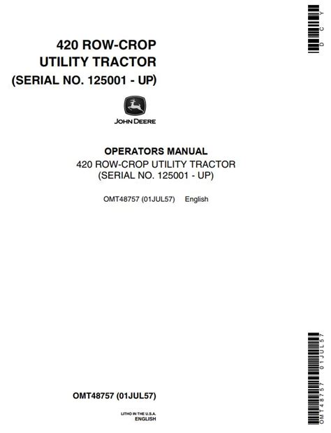 John Deere Row Crop Utility Tractor 420 Operators Manual