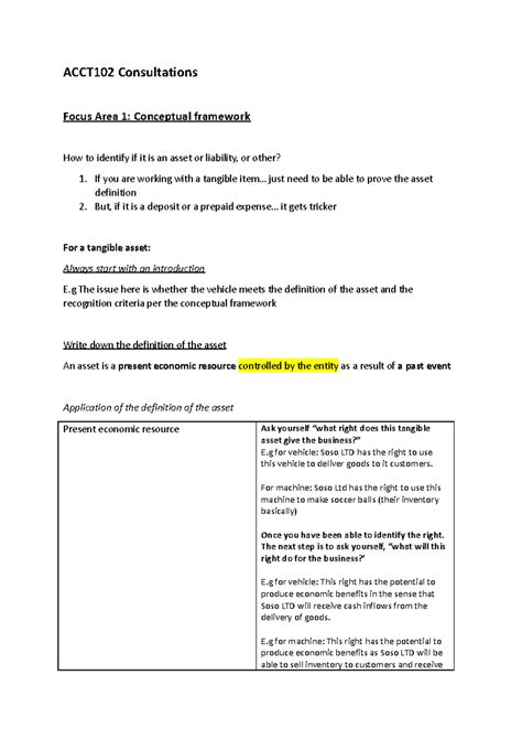 Acct102 Lecture Notes Conceptual Framework Summary For Assets Studocu