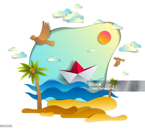 종이 배 아름 다운 해변과 야자수와 바다 파도에서 수영 하늘에 새와 구름과 아름 다운 경치와 바다에 떠 있는 종이 접기 접힌