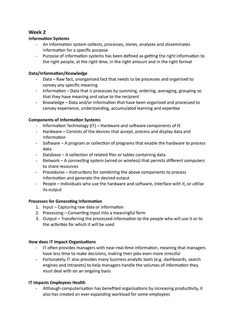 Is Week 2 5 Notes For Quiz 1 Week 2 Information Systems An