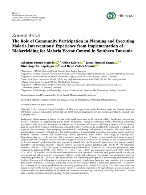 Pdf The Role Of Community Participation In Planning And Executing Malaria Interventions