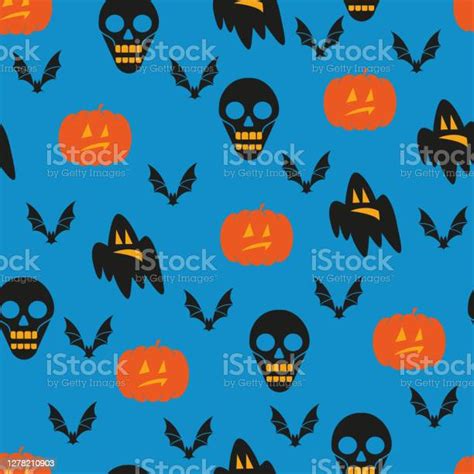 파란색 배경에 팜킨 유령과 두개골 실루엣할로윈 매끄러운 패턴 벡터 일러스트레이션 공포 무서움에 대한 스톡 벡터 아트 및 기타 이미지 공포 무서움 귀신 긍정적인 감정