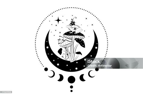 마법의 초승달 위에 있는 영적인 신성한 개구리 달의 위상과 별이 있는 신비로운 천상의 두꺼비 마녀 밀교 곰팡이 로고 문신 Wiccan 클립아트 고립된 통하고 있는 백색 0