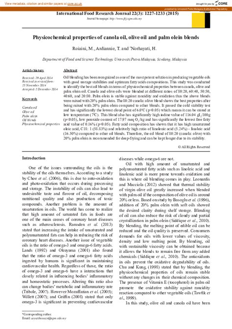 Pdf Physicochemical Properties Of Canola Oil Olive Oil And Palm Olein Blends