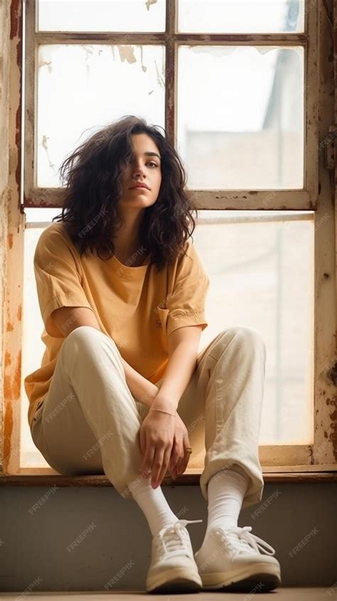 Premium AI Image | a woman sitting on a window sill in front of a window
