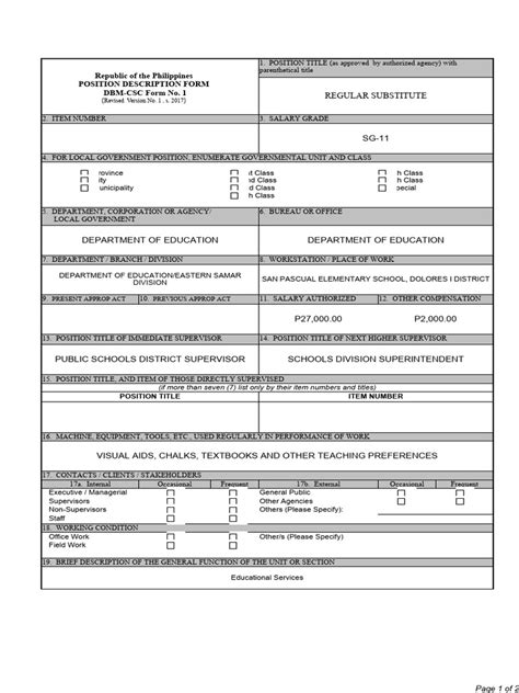 Position Description Form Dbm Csc Form No 1 Revised 2017 Pdf