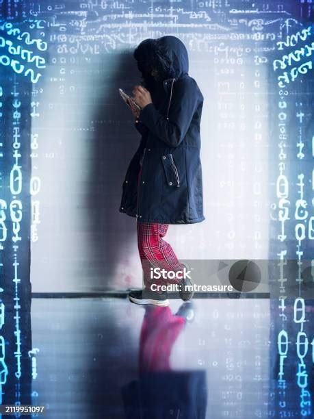 Image Male Asian Secret Computer Hacker Programmer Wearing Raincoat