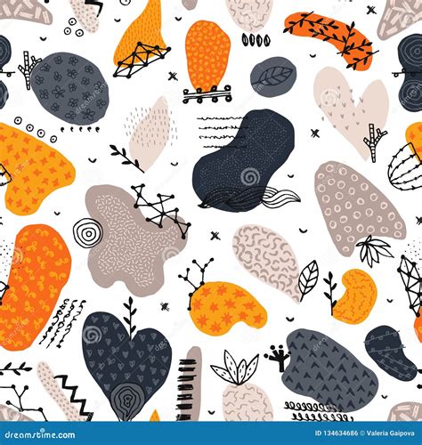 Vector Seamless Pattern With Hand Drawn Abstract Shapes Spotted And