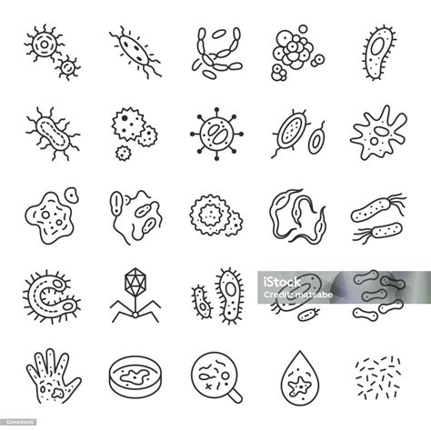 박테리아 바이러스 아이콘 세트 미생물 다양한 모양 선형 아이콘 편집 가능한 스트로크 가냘픈에 대한 스톡 벡터 아트 및 기타 이미지 Istock