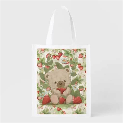 Cute Teddy Bear With Ripe Strawberries Grocery Bag Zazzle Teddy