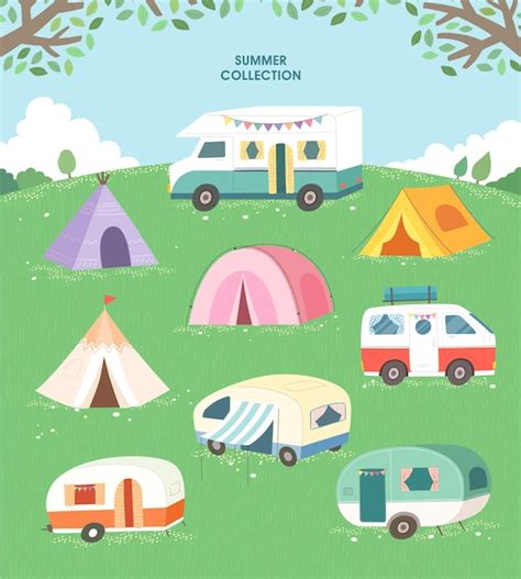 텐트와 캠핑카 여름 세트 프리미엄 벡터