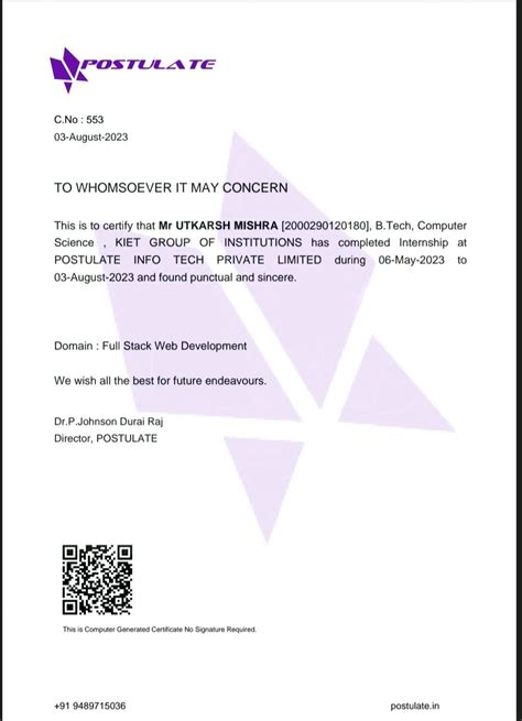 Internshipcompletion Techindustry Postulateinfotech Utkarsh Mishra