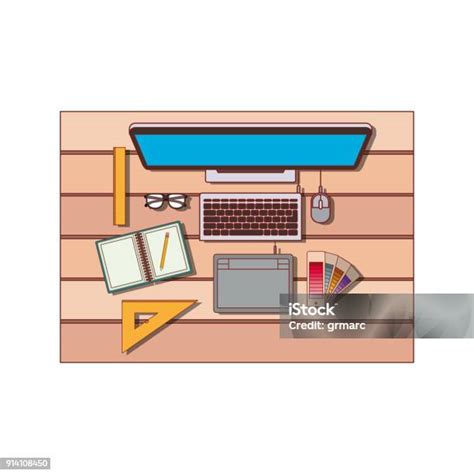 데스크톱 컴퓨터와 얇은 빨간 윤곽선과 화려한 실루엣에서 평면도에 책상 위에 그리기 도구 Lcd에 대한 스톡 벡터 아트 및 기타 이미지 Lcd 경관 교육 Istock