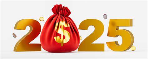 흰색 배경에 빨간 돈 가방과 달러 기호가 있는 황금 2025 숫자 3d 렌더링 0명에 대한 스톡 사진 및 기타 이미지 0명 2025년 3차원 형태 Istock