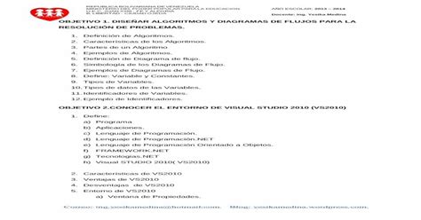Objetivo 1 DiseÑar Algoritmos Y Diagramas De Flujos Para La ResoluciÓn De · 2014 07 07