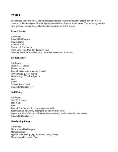 Database Assignment Task 1 The Entities Their Attributes And