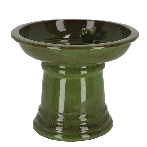 Fallen Fruits Small Ceramic Bird Bath On Pedestal In Green