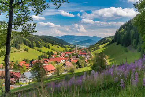 빨간 지붕 집이 있는 그림 같은 시골 풍경 유럽의 마을 경치 좋은 시골 목가적인 풍경 배경 일러스트 및 사진 무료 다운로드 Pngtree