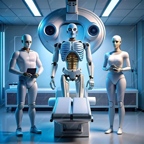 A Futuristic Medical Scene With Two Humanoid Robots Standing Alongside A Skeletal Robot Patient