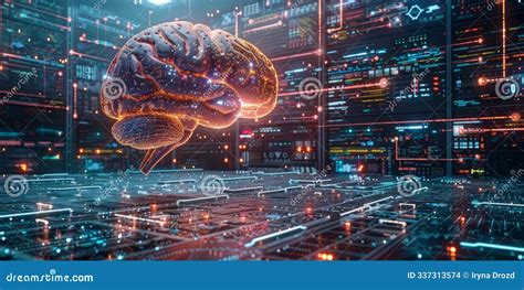 Holographic Brain Floating Above a Futuristic Digital Interface, Surrounded by Complex Data ...