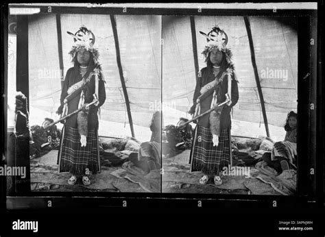 Photograph Of Paul Showaway A Tribal Man Standing In A Canvas Tipi Wearing Horned Headdress