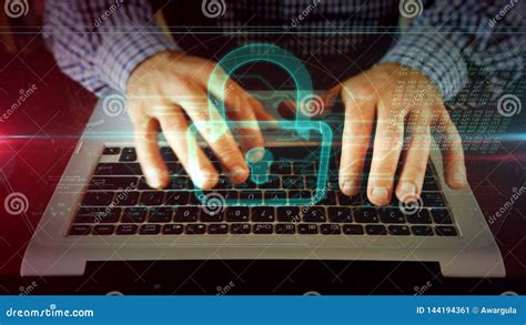 Man Writing On Laptop Keyboard With Padlock Stock Image Image Of Laptop Business 144194361