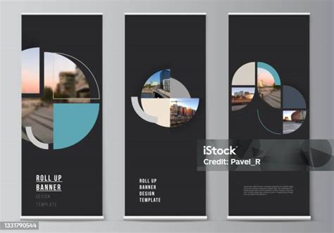 수직 전단지 플래그 디자인 템플릿 배너 스탠드에 대한 롤업 모형 디자인 템플릿의 벡터 레이아웃 추상 원 라운드 배너가 있는 배경입니다 기업 비즈니스 개념 템플릿입니다 기업
