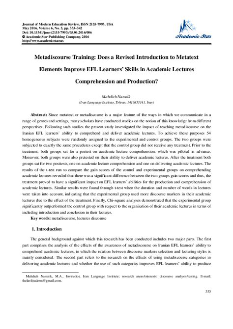 Pdf Metadiscourse Training Does A Revised Introduction To Metatext Elements Improve Efl