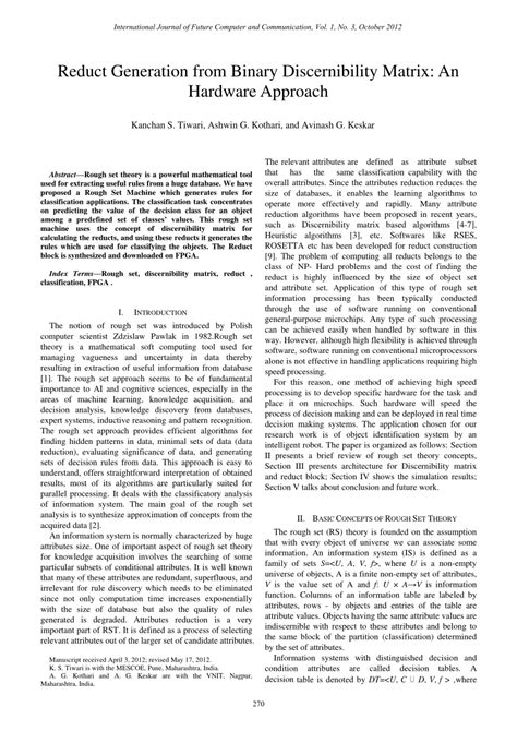 Pdf Reduct Generation From Binary Discernibility Matrix An Hardware