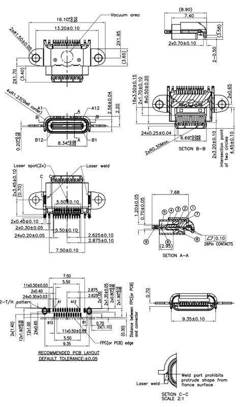 High Frequency 40g Usb C Connector Mid Mount Usb 4 0 Type C 24p Female Connector