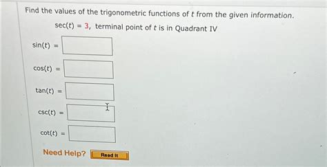Solved Find The Values Of The Trigonometric Functions Of T Chegg