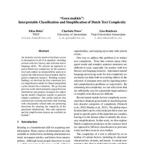 “geen Makkie” Interpretable Classification And Simplification Of Dutch Text Complexity Acl