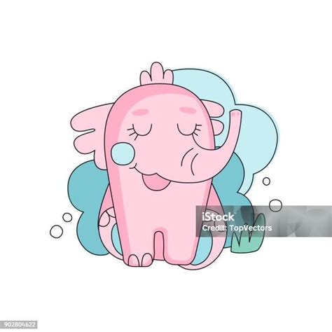 귀여운 손 그려진 분홍색 코끼리 블루 솜 털 구름 배경 닫힌된 눈으로 앉아 직물을 위한 선형 디자인 인쇄 엽서 또는 스티커 평면