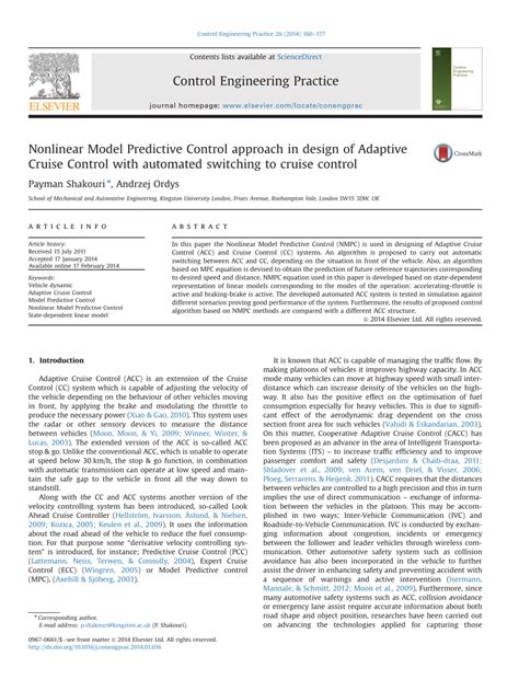 PDF Nonlinear Model Predictive Control Approach In Design Of Adaptive Cruise Control With