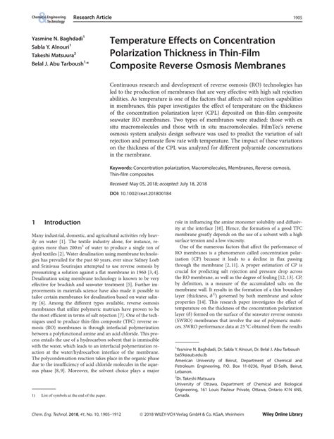 Pdf Temperature Effects On Concentration Polarization Thickness In Thin‐film‐composite Reverse