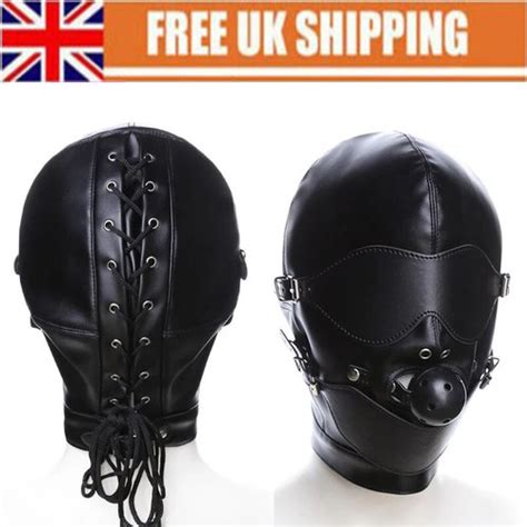 Head Mask Harness Hood Ball Mouth Gag Bondage Slave Cosplay Blindfold
