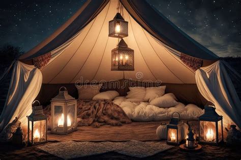 Glamping Tent With Lanterns Blankets And Pillows For A Cozy Ambience Stock Illustration