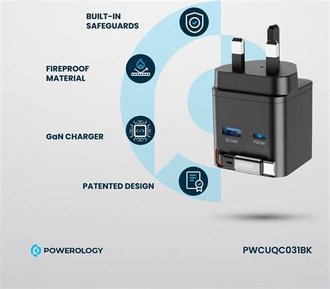 Powerology Pd65w Dual Port Uk Plug Charger 75cm Retractable Usb Type C Cable Type C Cord