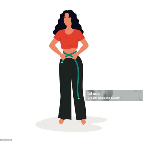 측정 테이프로 허리를 측정하는 여자 다이어트 건강 식품 훈련 결과 날씬한 여자 광고 배너 평면 벡터 그림 가냘픈에 대한 스톡 벡터 아트 및 기타 이미지 Istock