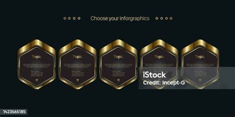 어두운 배경에 5 개의 프리무임 버튼 세트와 쇼핑 광고 디자인을위한 5 배너의 프리무임 개념 골드 연속 단계 고급 인포 그래픽 요소 벡터 템플릿 스타일 0명에 대한 스톡