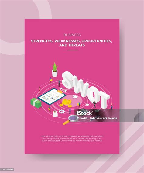 비즈니스 강점 약점 기회와 위협 차트 보드 주위에 서있는 사람들 돈 계산기 잡지 표지 인쇄용 배너 및 전단지의 템플릿에 대한 Swot 텍스트 Swot 분석에 대한 스톡 벡터