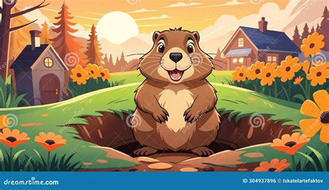 Happy Groundhog Day Ð Cheerful Brown Gopher Emerging From Its Burrow