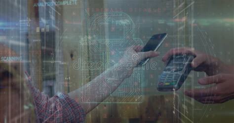 Animation Of Padlock Icon And Cyberattack Warning Over Diverse People Paying With Smartphone