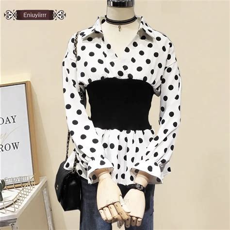2020 폴카 도트 상의 한국 스타일 오피스 레이디 페플럼 화이트 셔츠 블라우스 봄 여름 위시버킷