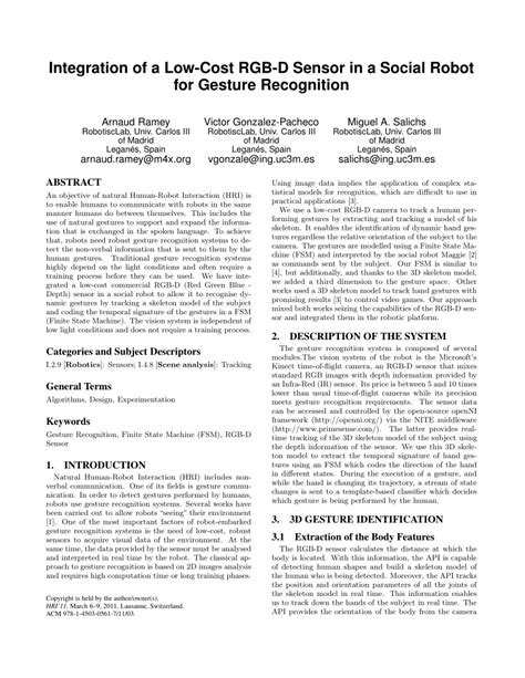 Pdf Integration Of A Low Cost Rgb D Sensor In A Social Robot For Gesture Recognition