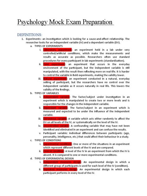 Psychology Mock Exam Preparation Pdf Experiment Hypothesis