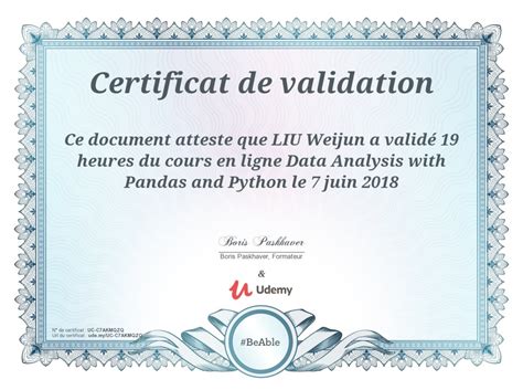 Weijun Liu On Linkedin Completion Certificate For Data Analysis With Pandas And Python