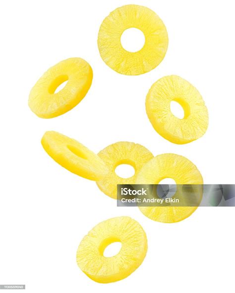 떨어지는 파인애플 슬라이스 반지 흰색 배경 클리핑 패스 필드의 전체 깊이에 고립 파인애플에 대한 스톡 사진 및 기타 이미지 파인애플 슬라이스 단면도 Istock