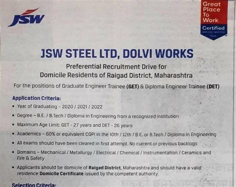Job Alerts Hub Jsw Steel Ltd Applications Are Invited For Graduate